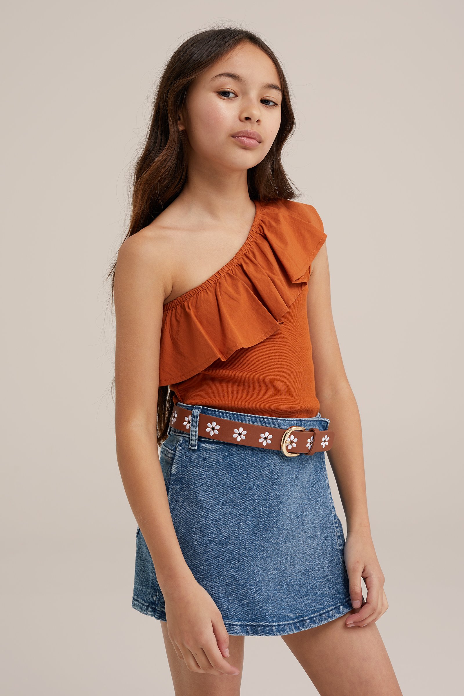 Meisjes one-shoulder top met ribstructuur | wefashion.com